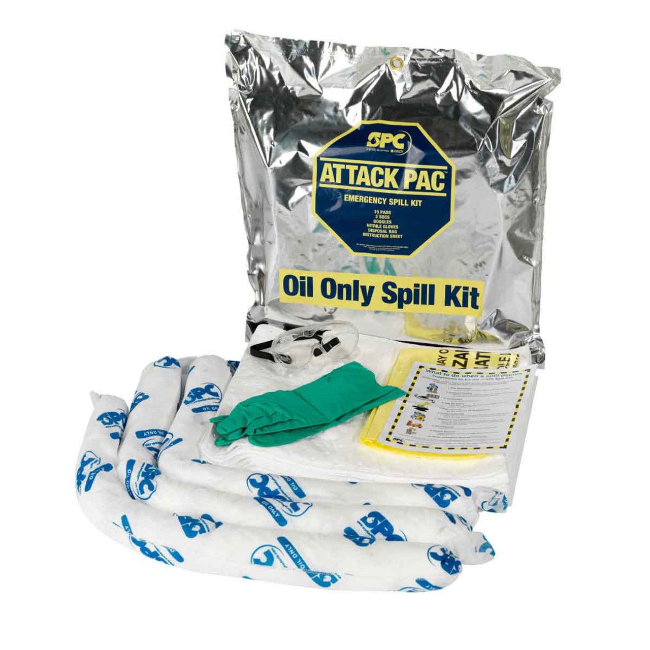 SPC Attack Pac Emergency Spill Kit- 15 pads, 3 socs, Goggles, nitrile ...
